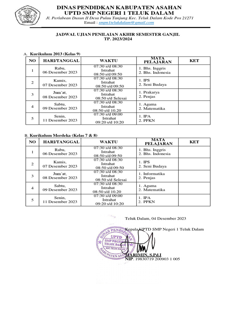 Jadwal Pas Ganjil 2023.2024 | PDF