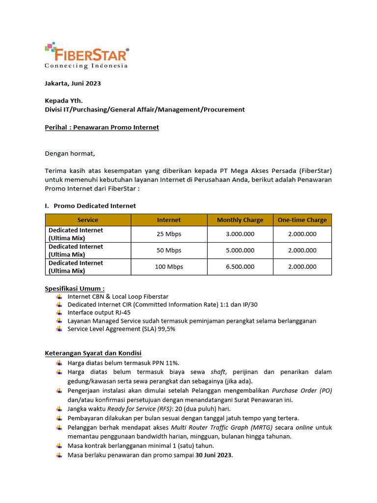 Penawaran Promo Internet Dedicated Wiring | PDF