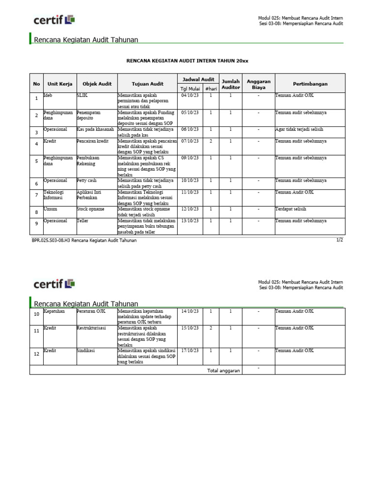 BPR.025.S3-8.H3 Form Rencana Kegiatan Audit | PDF | Pengelolaan ...