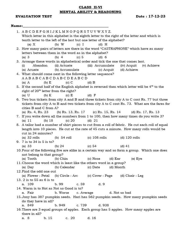 Evaluation Test - Class Ii-Iv - 17-12-2023 | PDF