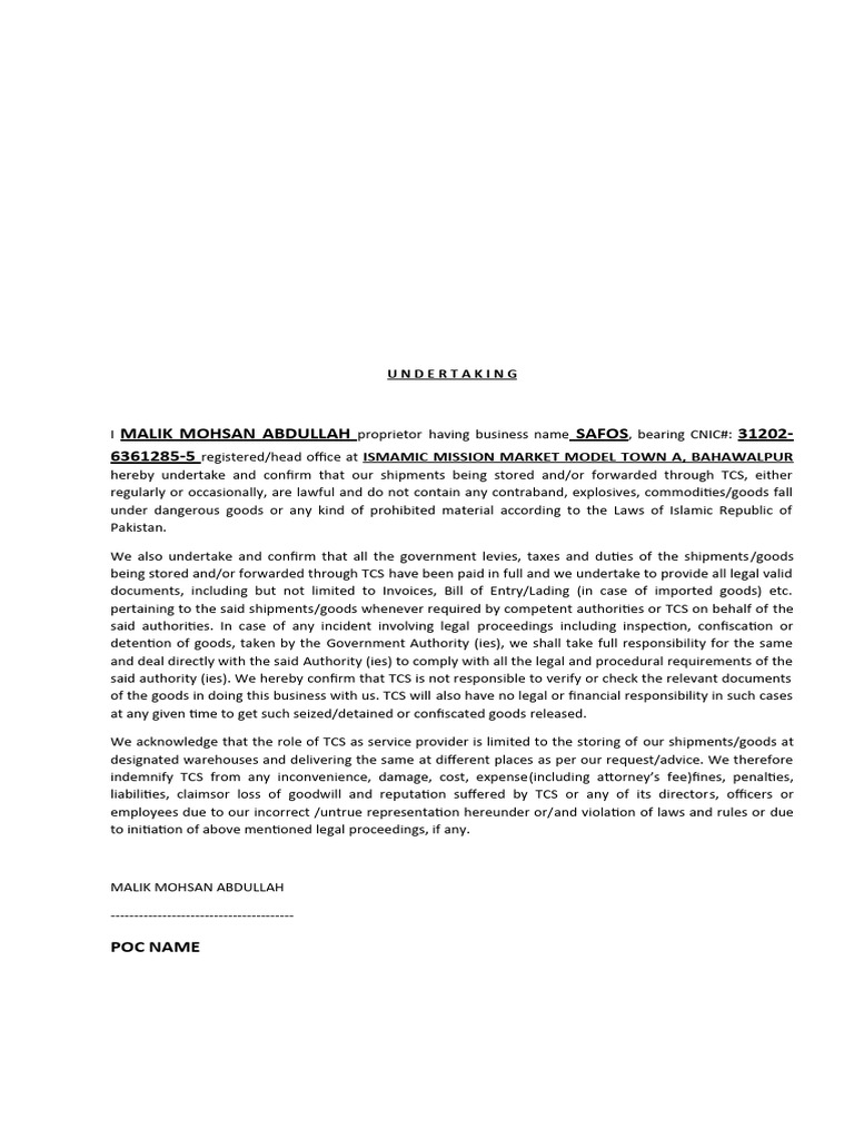 Undertaking-COD (FORMAT) (2) | PDF