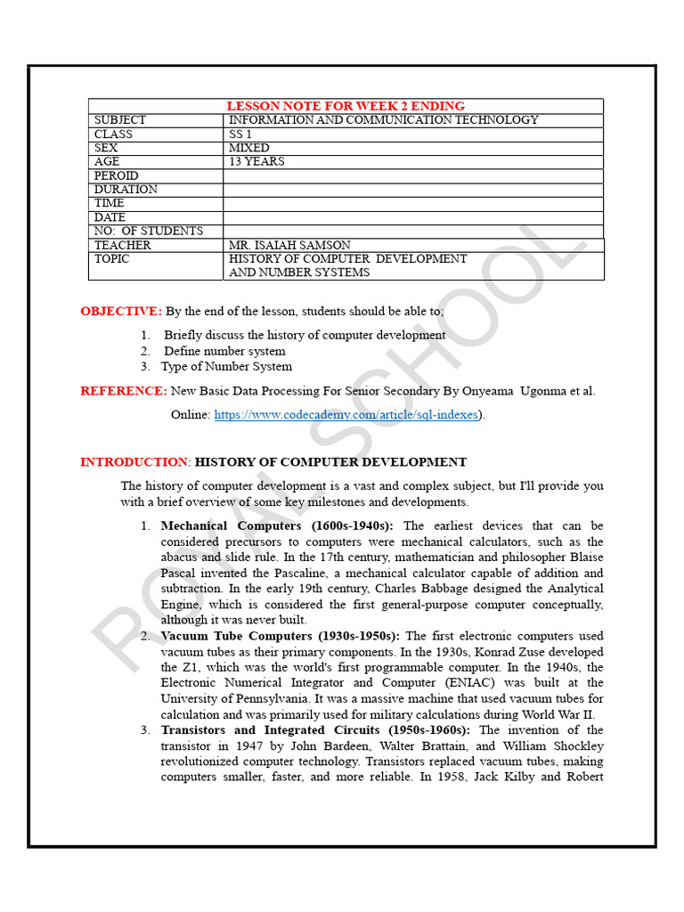 SS 1 Lesson Note On Ict | PDF