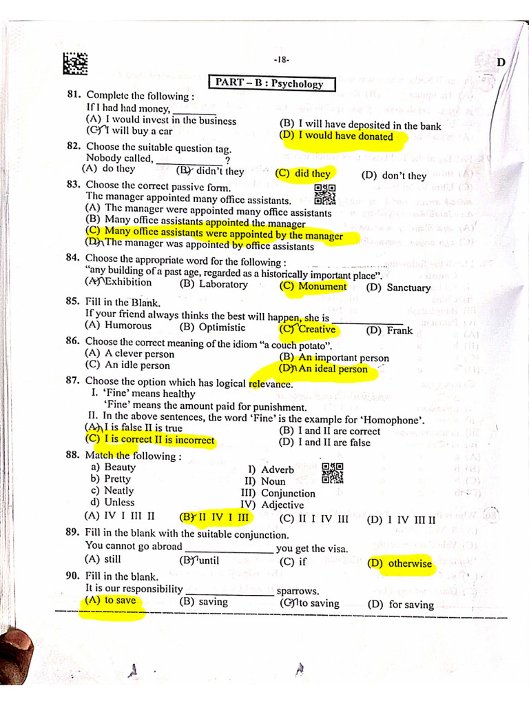 Tnusrb Si 2022 Answer Key Psychology | PDF