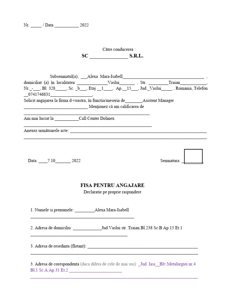 Cerere Angajare - Model | PDF