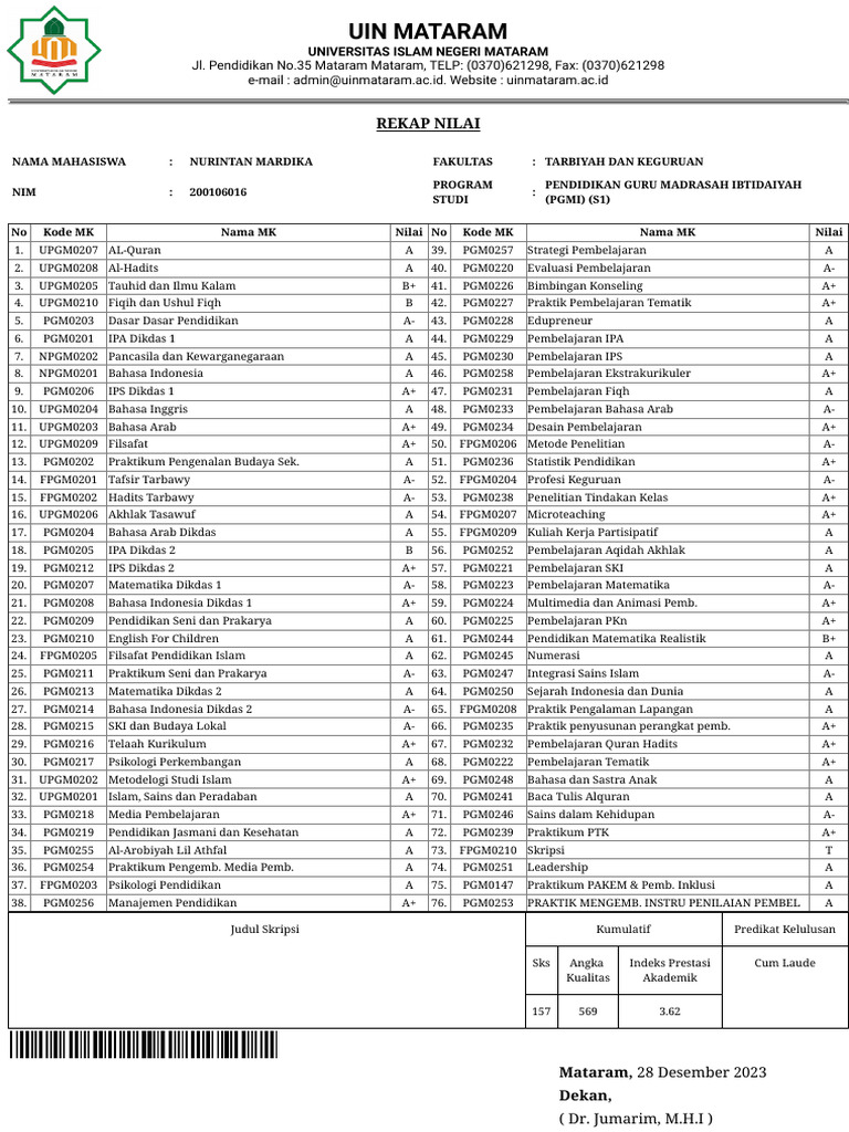 Print Transkrip Nurintan | PDF