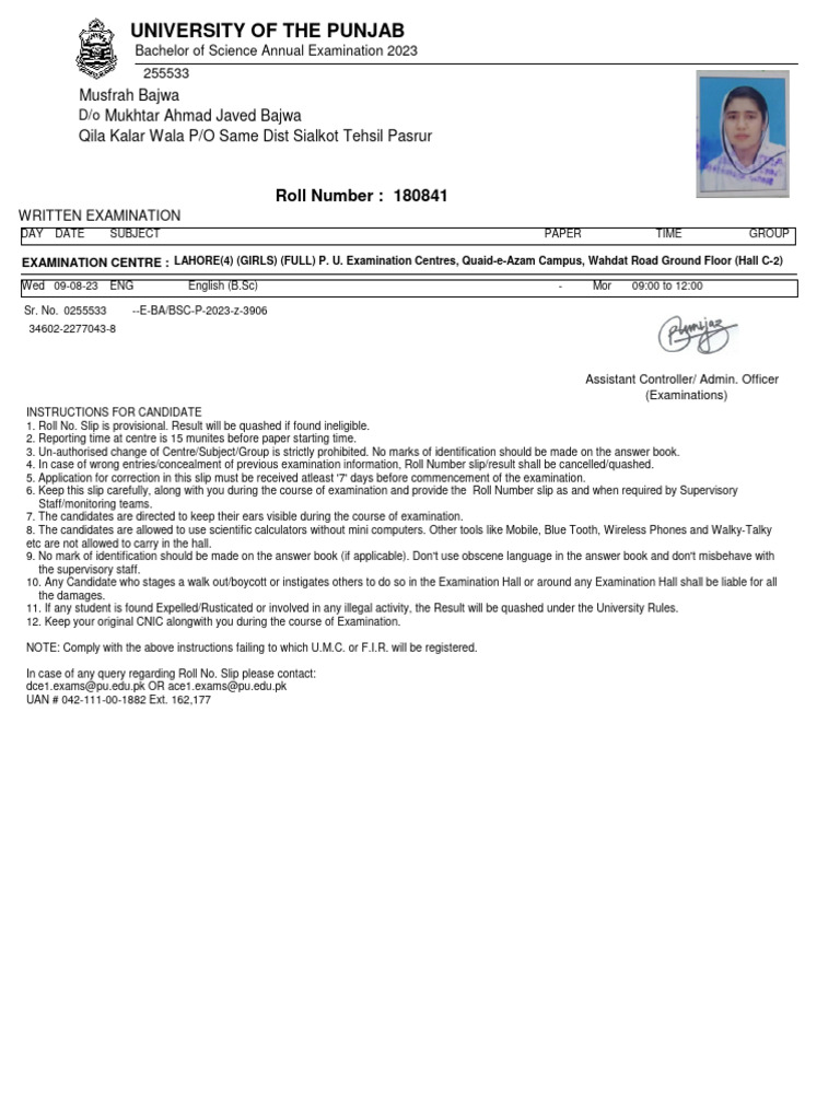 Roll Number:: Musfrah Bajwa Mukhtar Ahmad Javed Bajwa Qila Kalar Wala P/O Same Dist Sialkot ...
