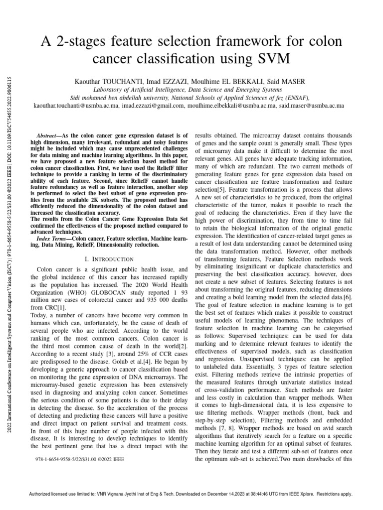A 2-Stages Feature Selection Framework For Colon Cancer Classification Using SVM | PDF