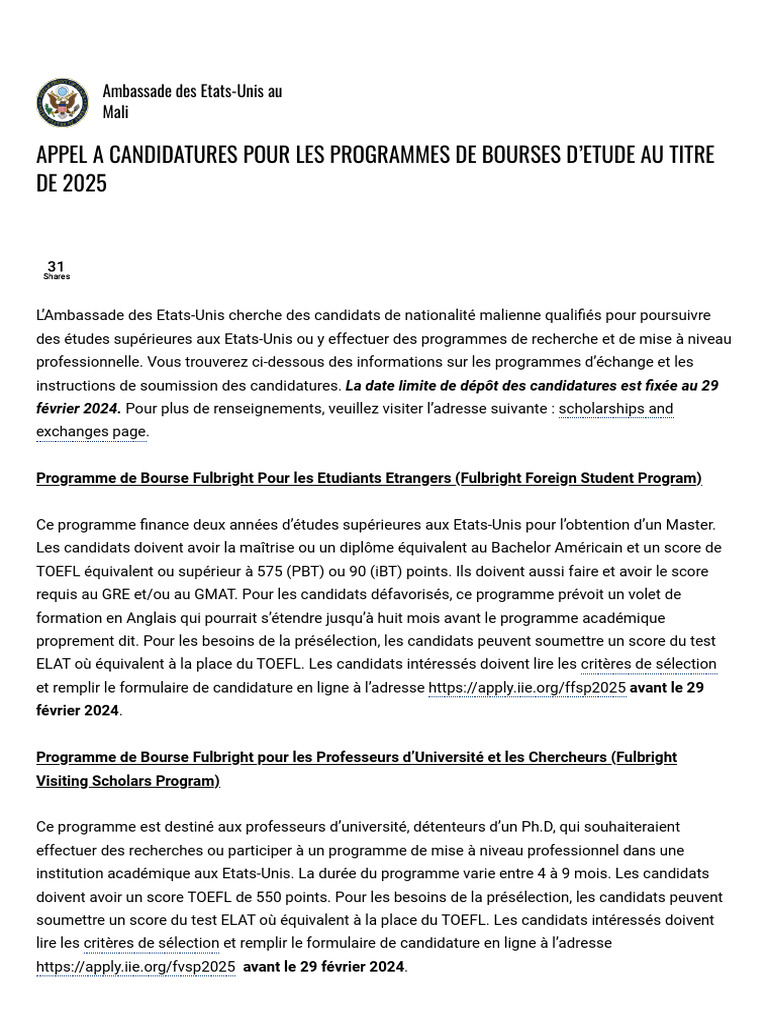 APPEL A CANDIDATURES POUR LES PROGRAMMES DE BOURSES D'ETUDE AU TITRE DE 2025 - Ambassade Des ...