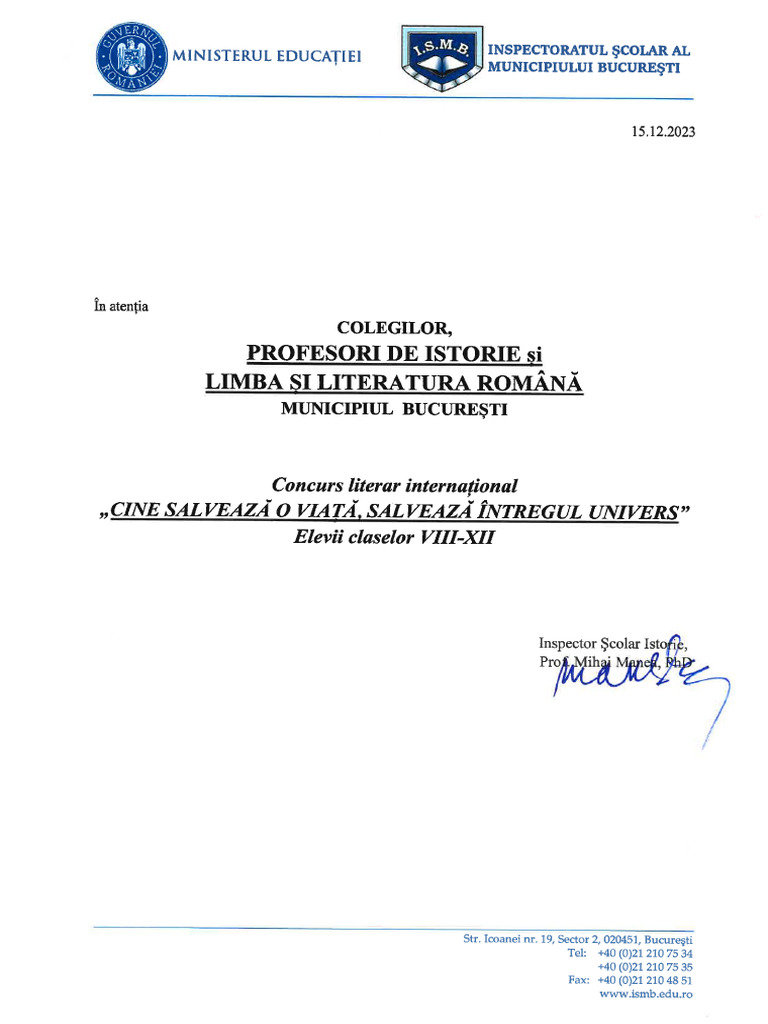 Concurs International Literar - Istorie - LB - Romana | PDF