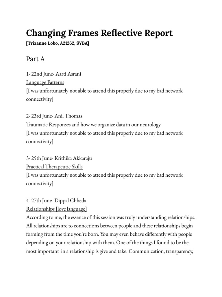 Changing Frames Reflective Report - Trizanne Lobo, A21262 | PDF | Bias ...