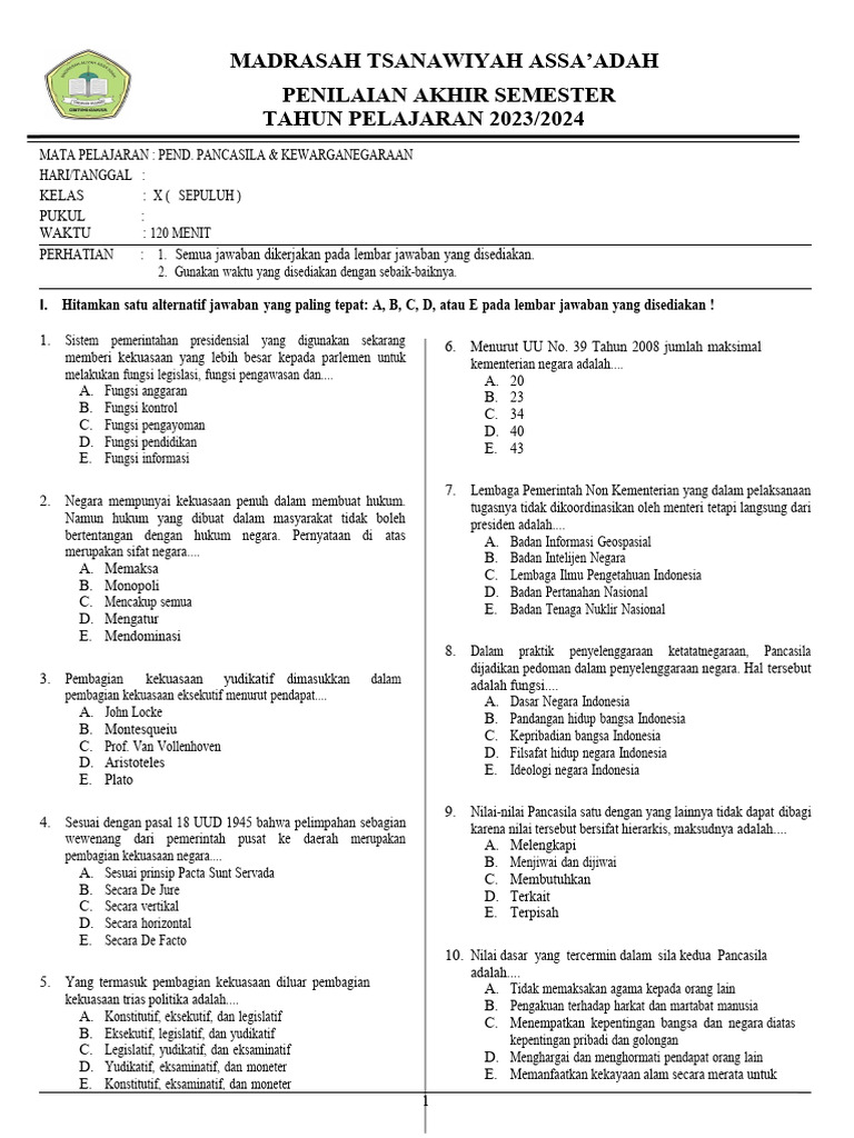 Soal Pas PKN Kelas X | PDF