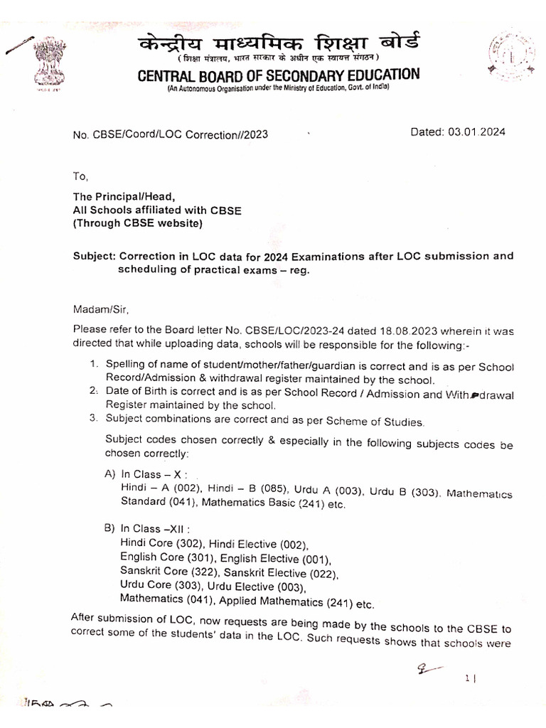 Cbse Circular Regarding Correction of Loc 23-24 | PDF