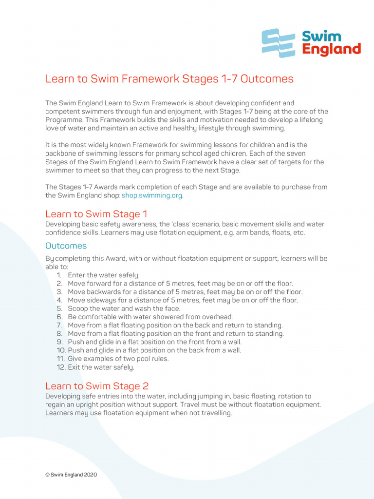 Learn To Swim Stages 1-7 Outcomes | PDF