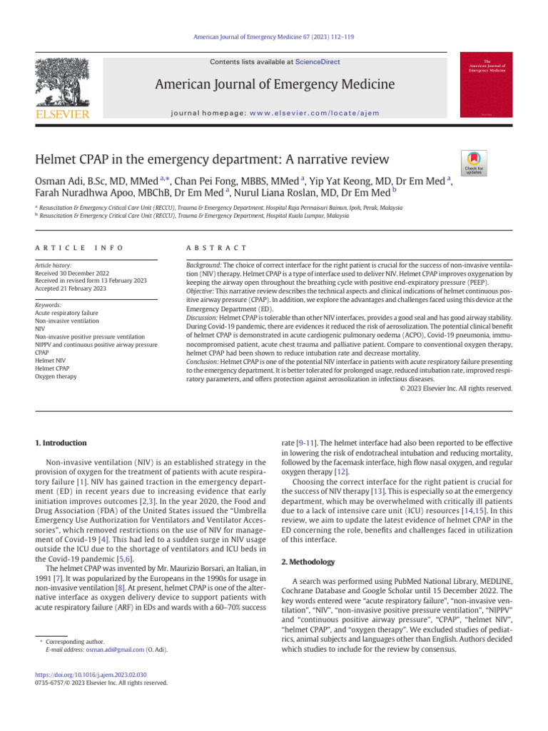 Helmet CPAP in The Emergency Department A Narrative Review | PDF