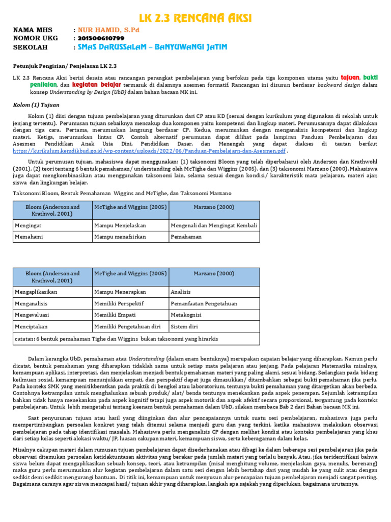 LK 2.3 Rencana Aksi Nur Hamid | PDF
