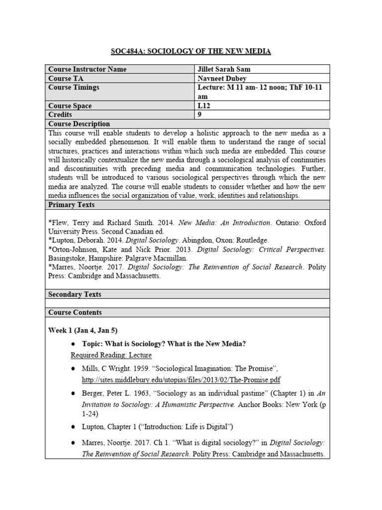 Sociology of New Media Course Syllabus | PDF | Social Science | History