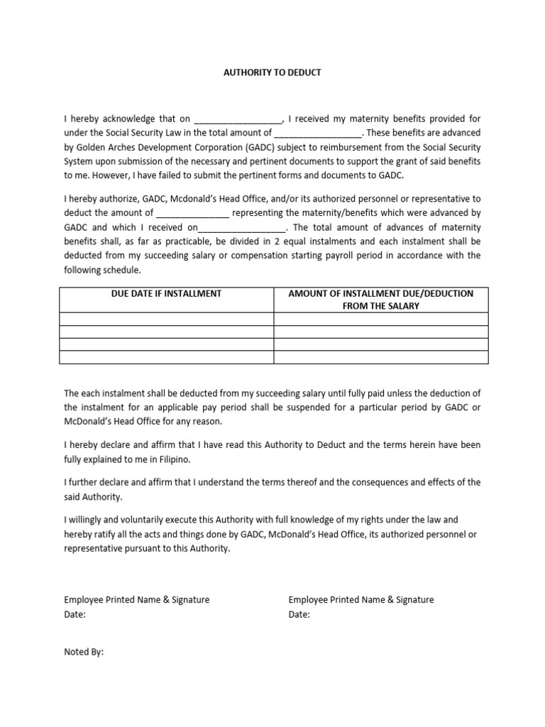 SSS Authority To Deduct | PDF