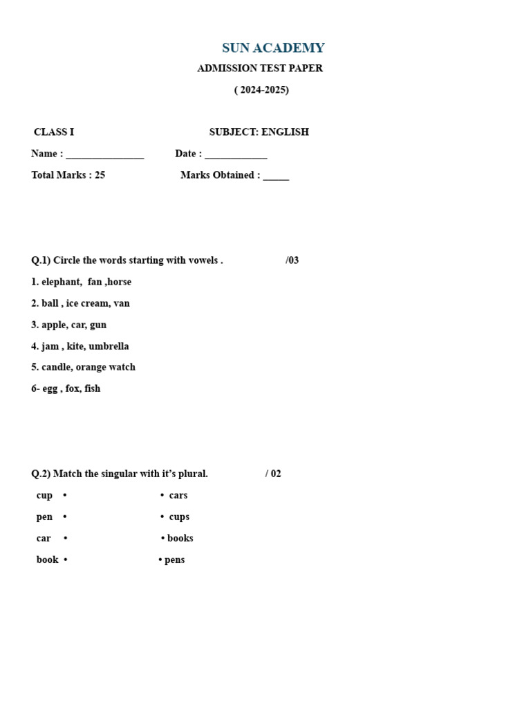 Class 1 English Admission Test Paper | PDF