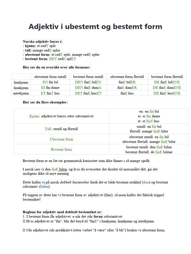 Adjektive Ubestemt, Bestemt Form | PDF