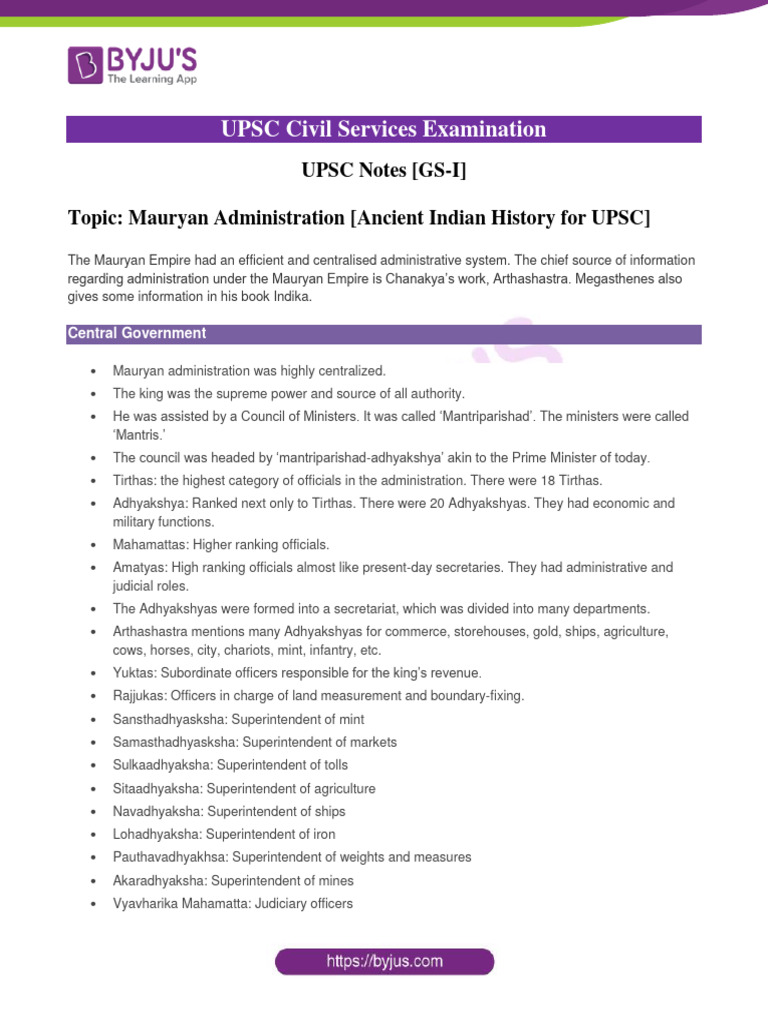 Mauryan Administration Ancient Indian History For UPSC | PDF