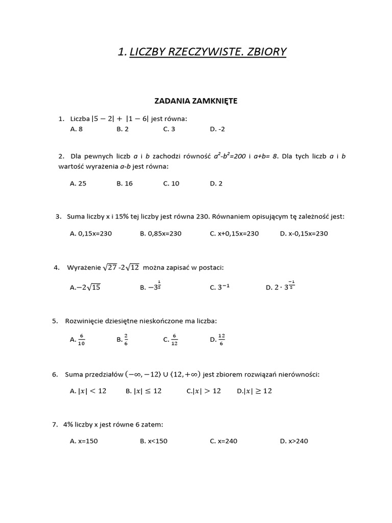 Liczby Rzeczywiste Zbiory | PDF