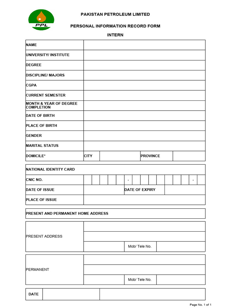 PIR Form - Intern | PDF