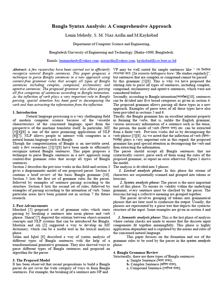 Mehedy Et Al. - 2003 - Bangla Syntax Analysis A Comprehensive Approach | PDF | Parsing | Clause
