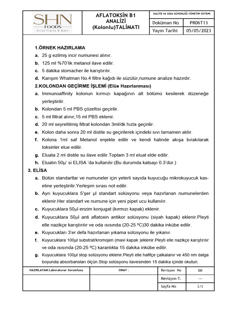 Aflatoksin B1 Analizi Talimatı | PDF