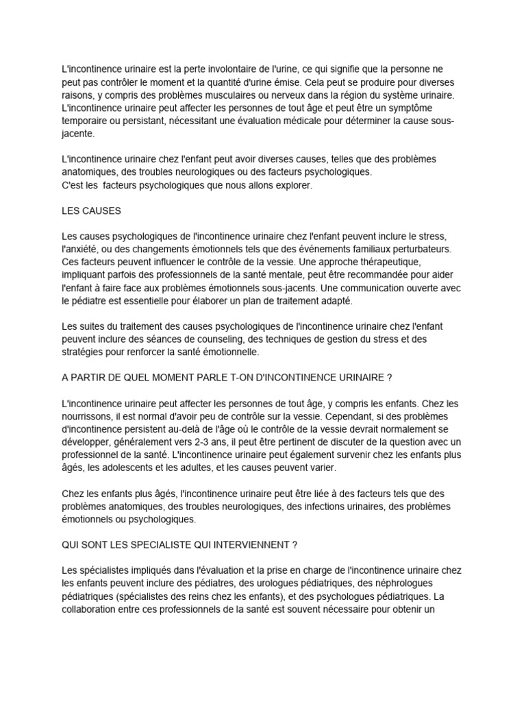 Incontinence urinaire chez l'enfant : causes et solutions | PDF