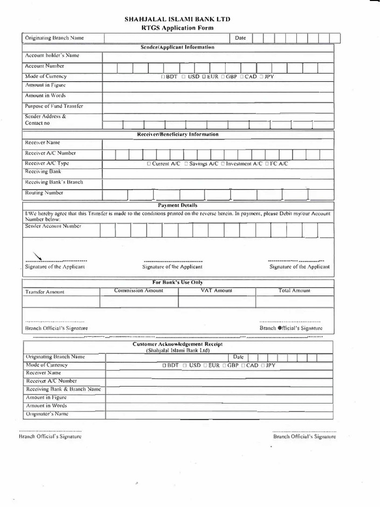 Shahjalal Islami Bank LTD Rtgs Application Form: - Lode of Cuttcncy | PDF