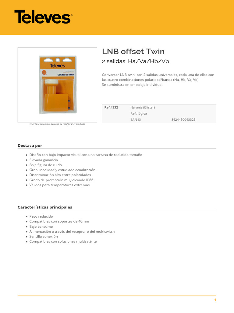 LNB Twin de Televés: Especificaciones y Ventajas | PDF | Ingeniería en ...