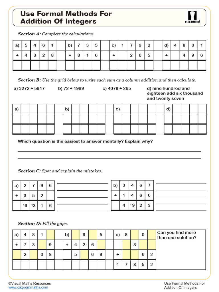 Cazoom Maths. Written Methods. Use Formal Methods For Addition of ...
