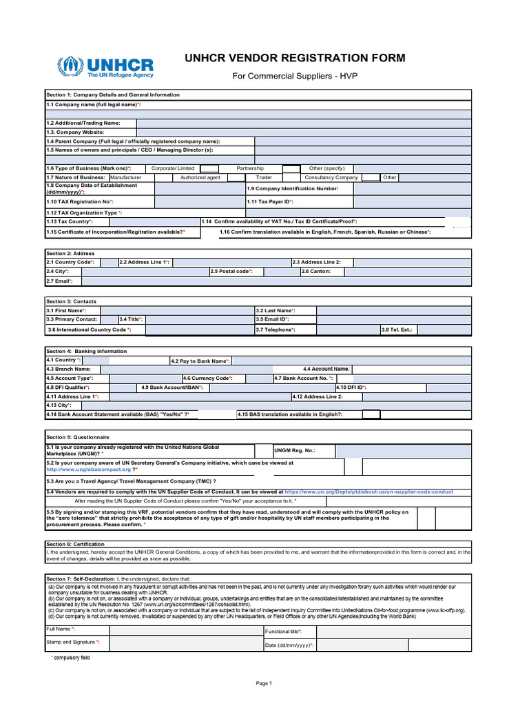 UNHCR Vendor Registration Form | PDF