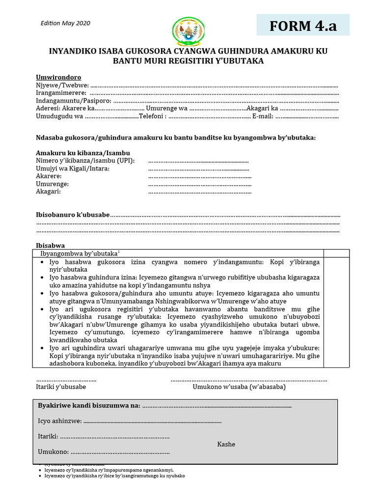 (A) Inyandiko Isaba Gukosora Cyangwa Guhindura Amakuru Ku Bantu Muri Rejisitir Y'ubutaka - Kinya ...