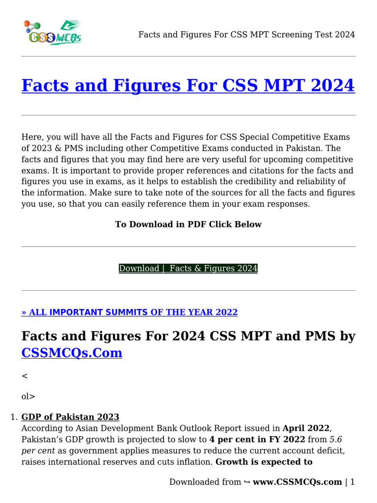 Facts and Fig For CSS MPT 2024 Screening Test 2024 | PDF
