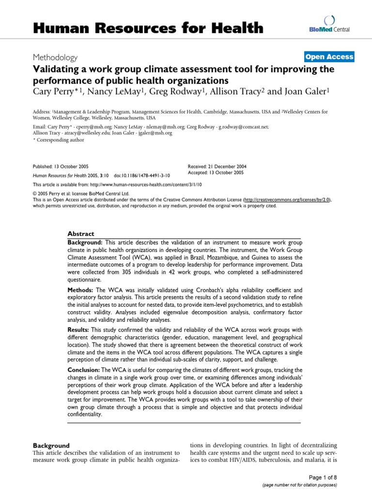 Validating A Work Group Climate Assessment Tool For Improving The 2005 ...