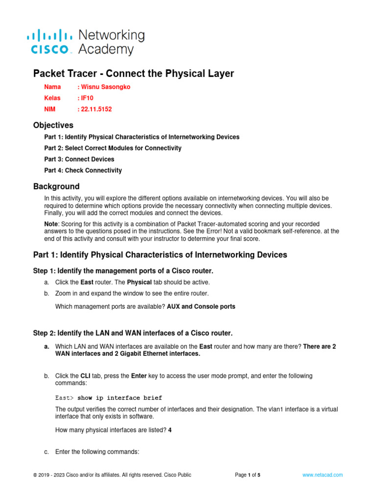 4.7.1 Packet Tracer - Connect The Physical Layer | PDF