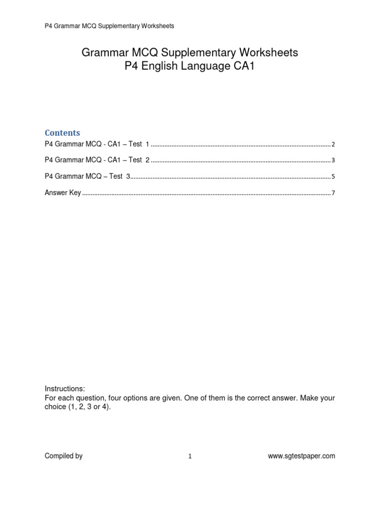 P4 English CA1 Grammar MCQ Supplementary Worksheets | PDF