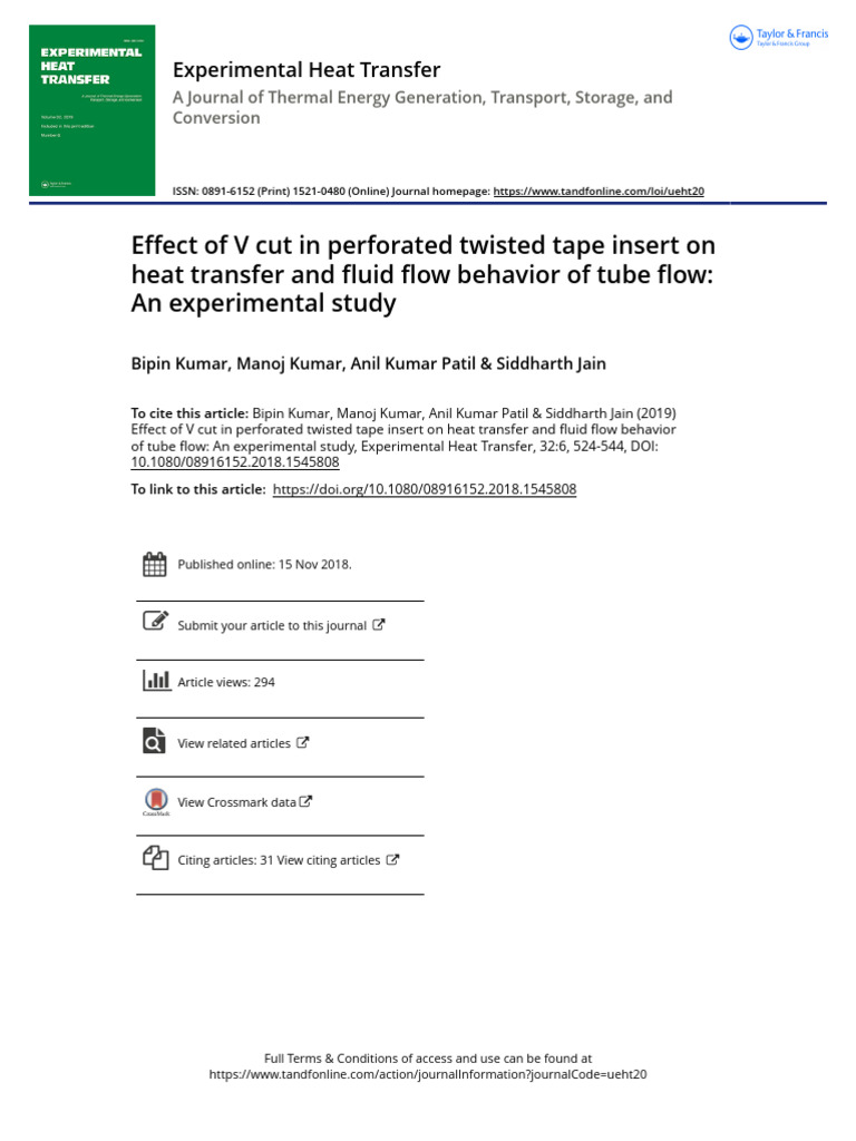 Effect of V Cut in Perforated Twisted Tape Insert On Heat Transfer and ...