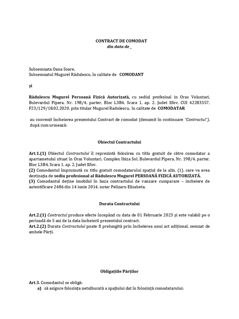 Contract de comodat PFA | PDF