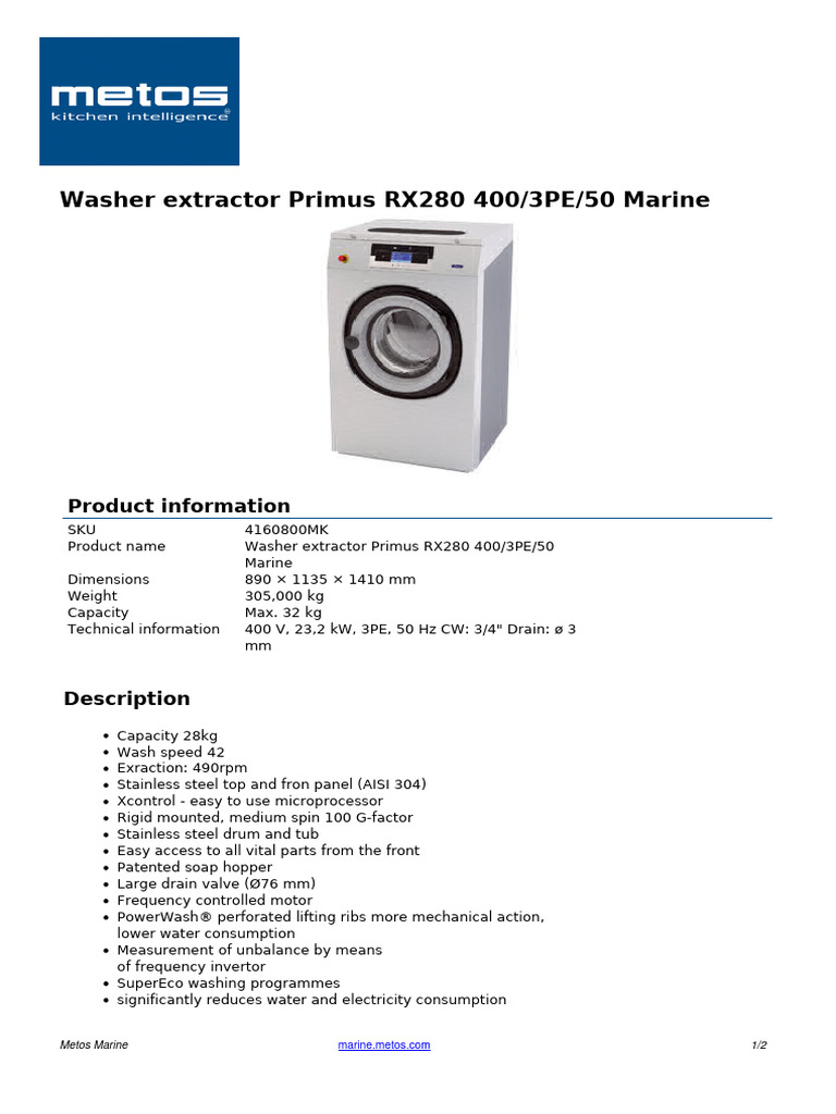 Washer Extractor Primus rx280 400 3pe 50 Marine | PDF