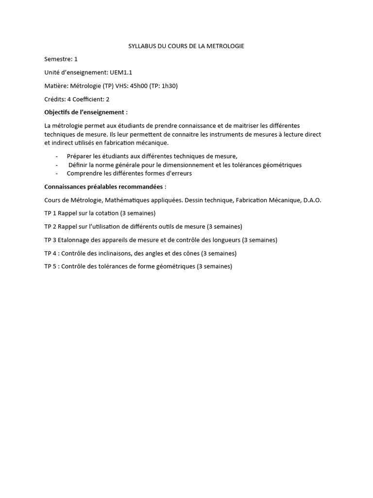 Syllabus Du Cours de La Metrologie | PDF