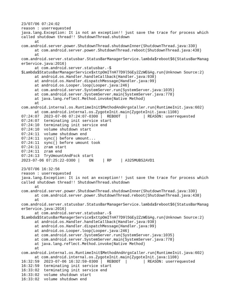 Android Reboot Logs: User Requests | PDF | Java (Programming Language) | Computer Architecture