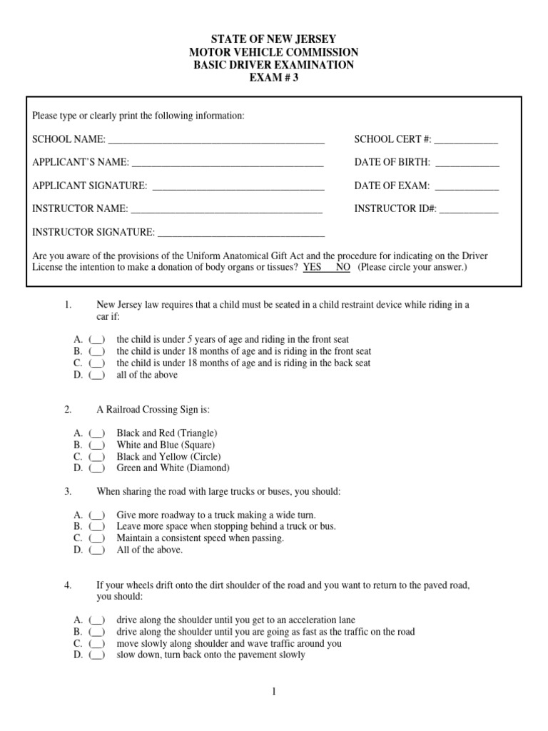NJ Basic Driver Exam #3 Guide | PDF