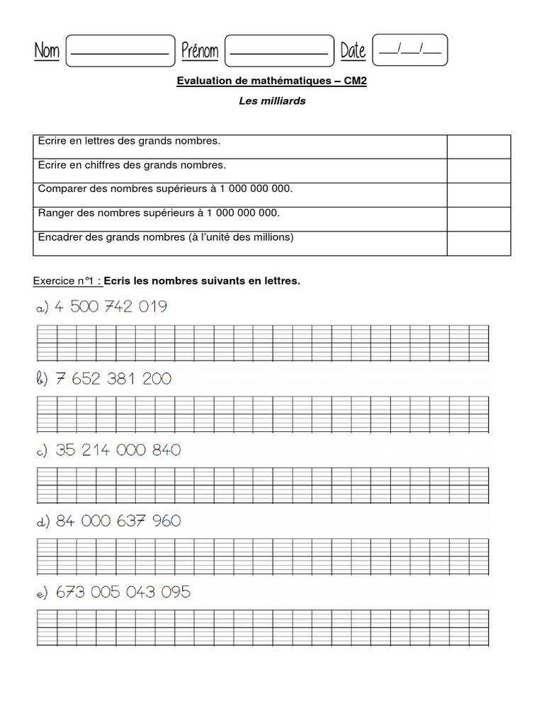Évaluation des grands nombres CM2 | PDF