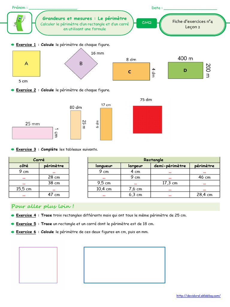 Fiche 4 Calculer Le Perimetre D Un Rectangle Et D Un Carre en Utilisant ...