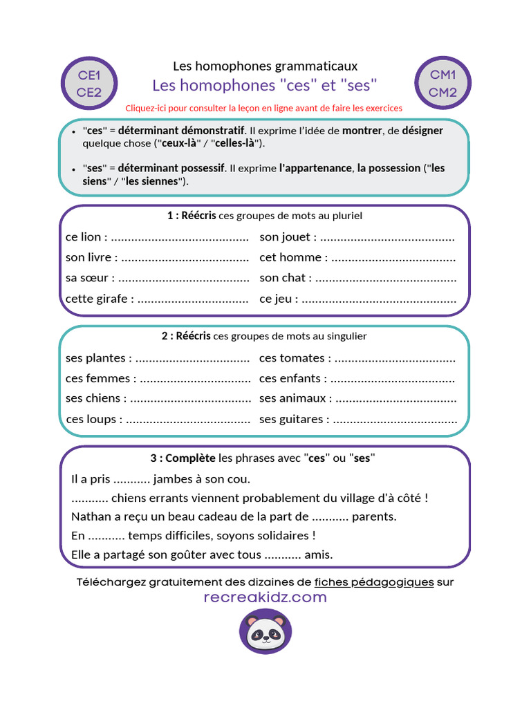 Homophones Ces Ses | PDF | Nombre grammatical | Syntaxe