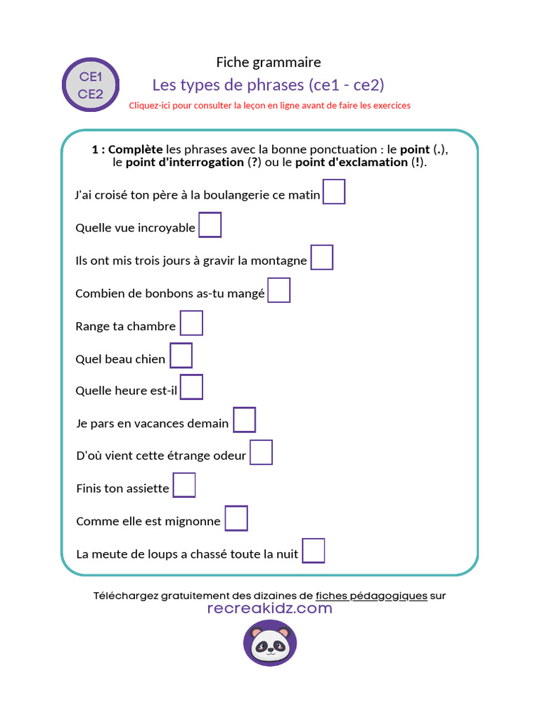 Les Types De Phrases Ce2 Exercices Pdf
