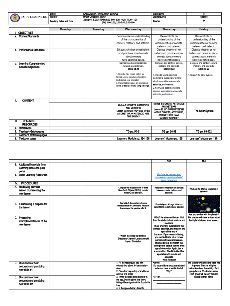 Grade 8 Science Lesson on Comets and Asteroids | PDF | Meteoroid | Asteroid