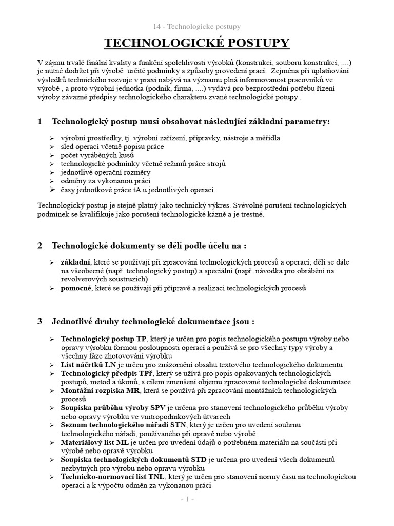 Technologické Postupy: 1 Technologický Postup Musí Obsahovat ...